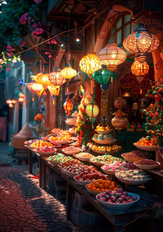 A Festival Bazaar with Colorful Lanterns, Sweets, and Other Eid ...