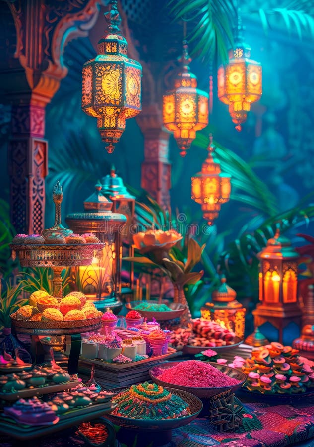 A Festival Bazaar with Colorful Lanterns, Sweets, and Other Eid ...