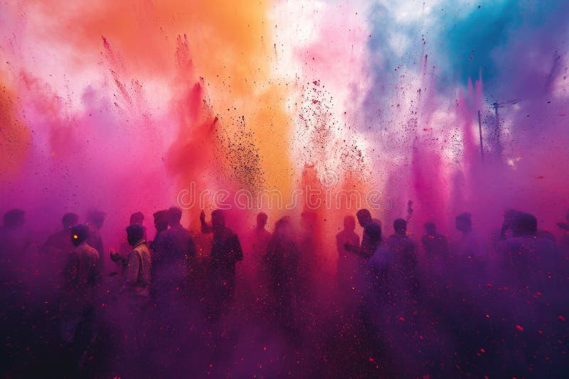 Festival Crowd Enveloped in a Cloud of Vivid Color Powder Explosions ...