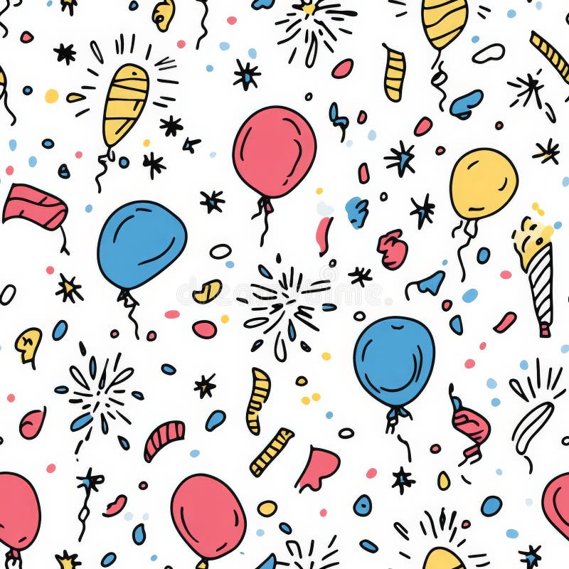 A Festival Doodle Pattern with Fireworks, Balloons, and Confetti Stock ...