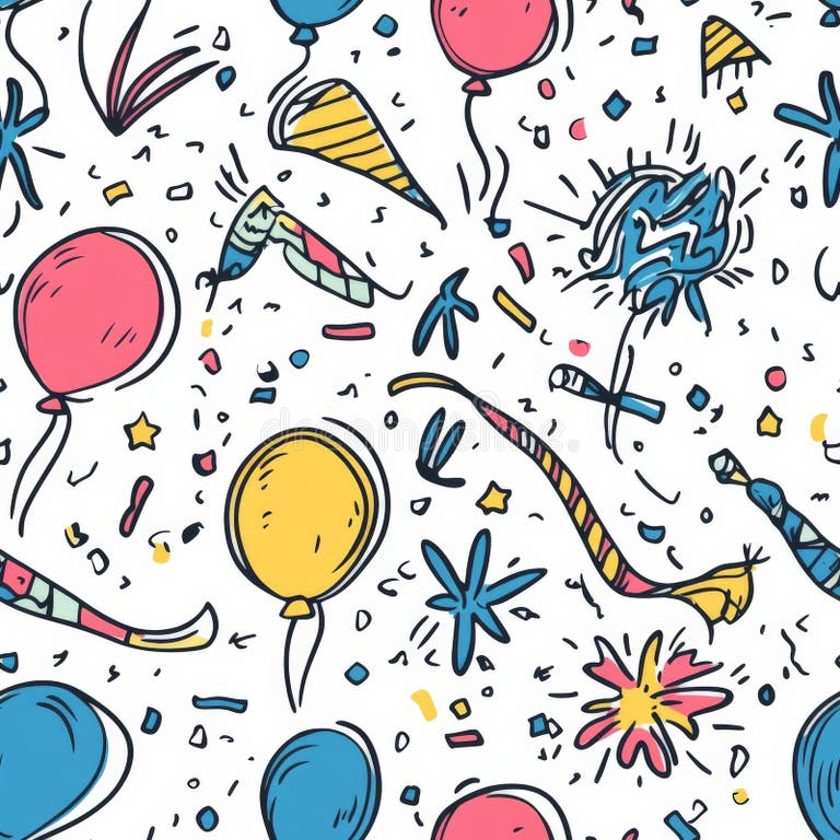 A Festival Doodle Pattern with Fireworks, Balloons, and Confetti Stock ...