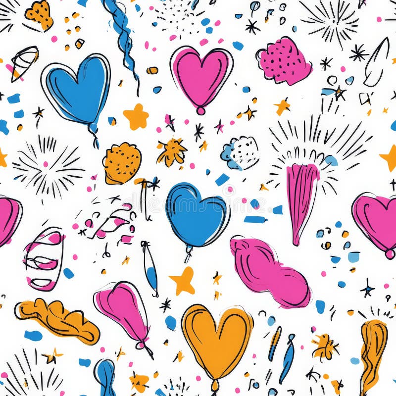 A Festival Doodle Pattern with Fireworks, Balloons, and Confetti Stock ...