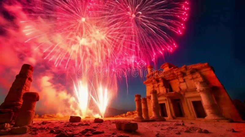 Festival of Lights Fireworks Over Ancient Monuments Stock Footage ...