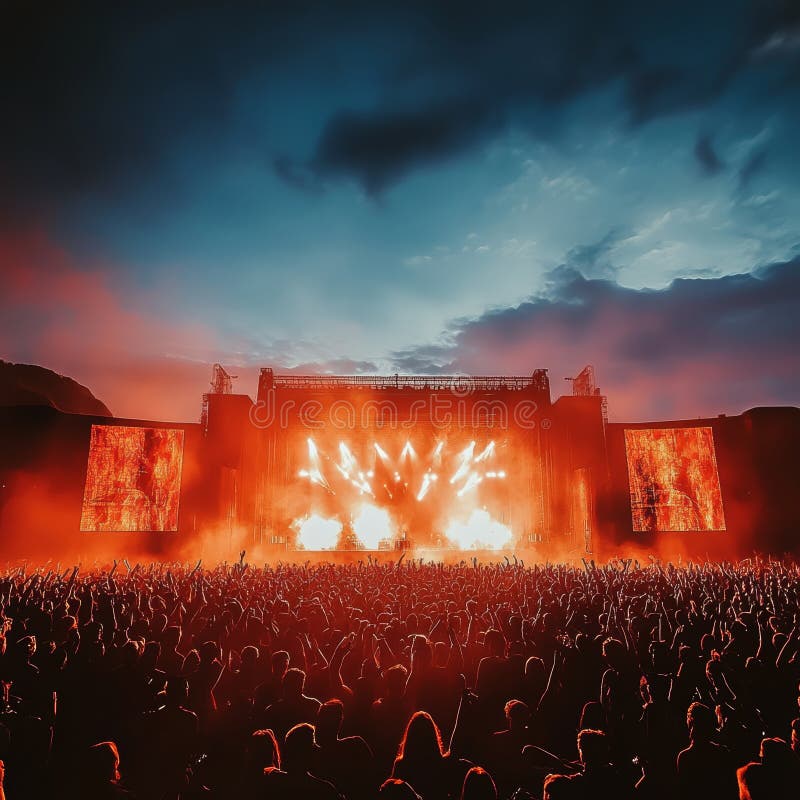 Festival Stage at Dusk with Epic Pyrotechnics Display, Creating a ...