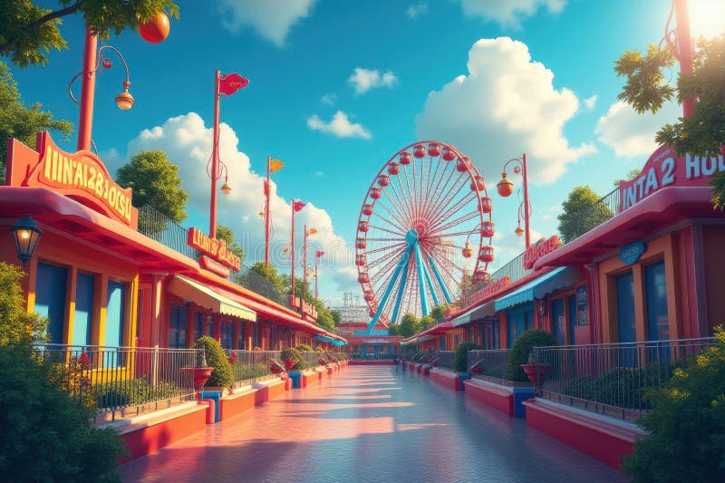 Festive Amusement Park Pathway with Ferris Wheel Stock Illustration ...