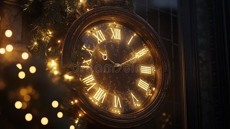 Festive Antique Clock with Christmas Lights Stock Illustration ...