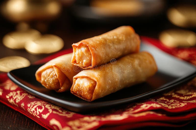Festive Appetizer Presentation, Crispy Spring Rolls on Red Silk with ...