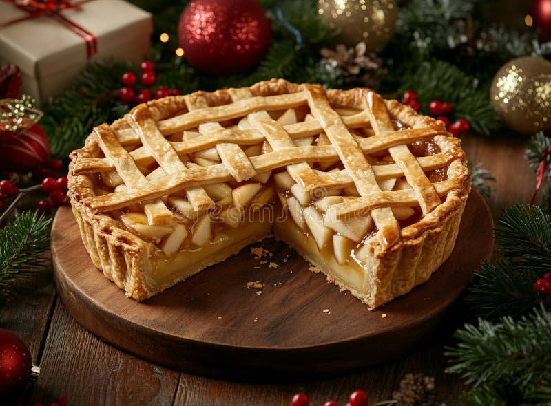 Festive Apple Pie with Lattice Crust Surrounded by Holiday Decor Stock ...