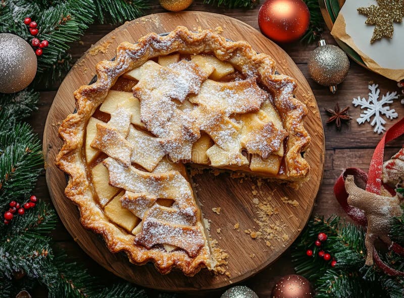 Festive Apple Pie with Sugar Dusting on Wooden Table Surrounded by ...
