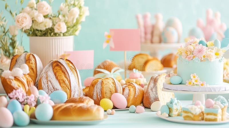 A Festive Arrangement Features a Variety of Pastries and Decorated Eggs ...