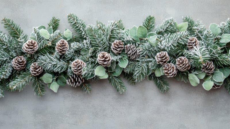 Festive Arrangement of Pine Branches and Pinecones with Frost Stock ...