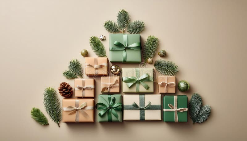 Festive Arrangement of Presents Shaped Like a Christmas Tree on a Light ...