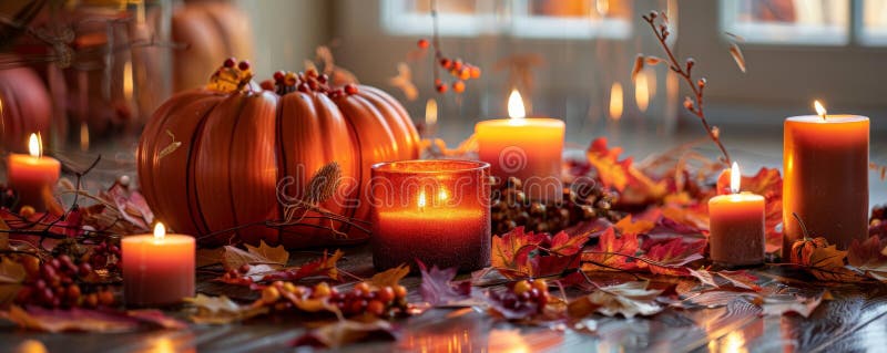 A Festive Arrangement with a Pumpkin, Candles, and Fall Foliage. the ...