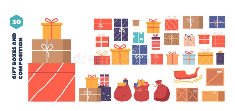 Festive Array of Gift Boxes, Adorned with Vibrant Patterns and Tied ...