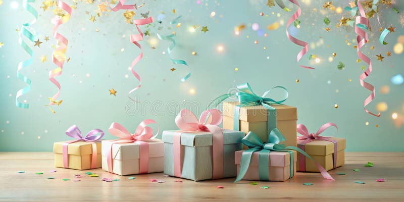 A Festive Array of Wrapped Presents with Pastel Ribbons and Confetti ...