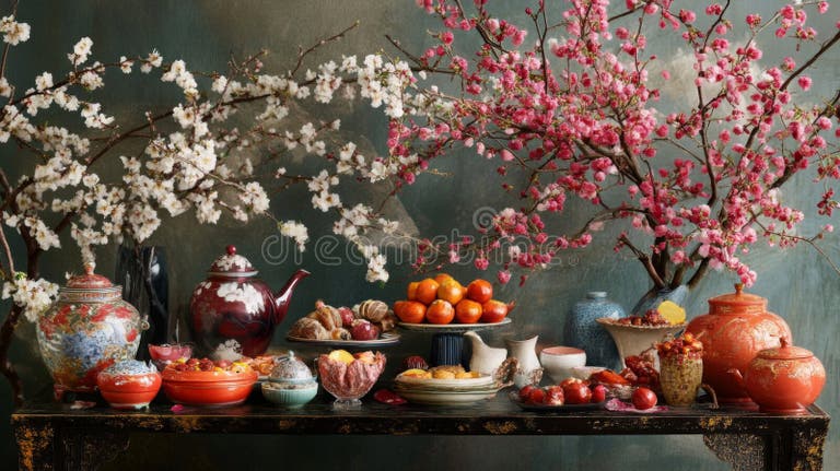 Festive Asian Table Setting with Plum Blossoms and Mandarin Oranges ...