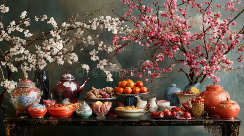Festive Asian Table Setting with Plum Blossoms and Mandarin Oranges ...