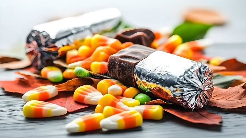 A Festive Assortment of Candy Corn and Chocolate Bars on Autumn Leaves ...