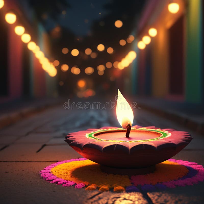 Happy Diwali - Lit Diya Lamp on Street at Night. Stock Illustration ...