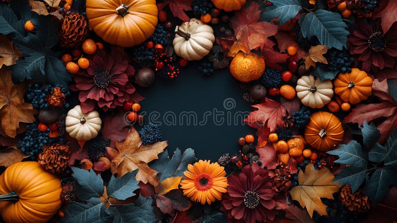 Festive Autumn Background with Pumpkins, Flowers and Leaves Stock ...