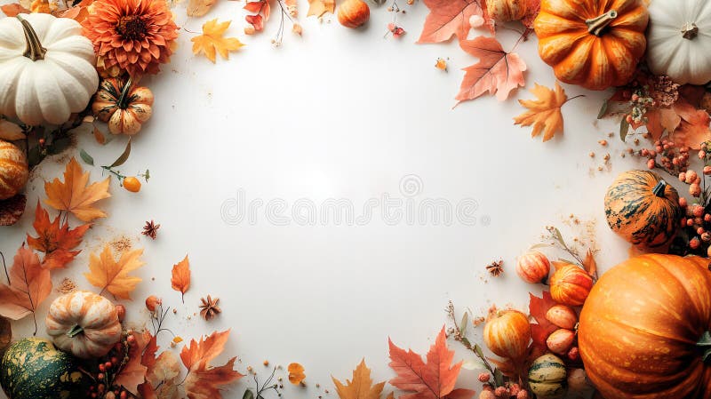 Festive Autumn Background with Pumpkins, Flowers and Leaves Stock ...