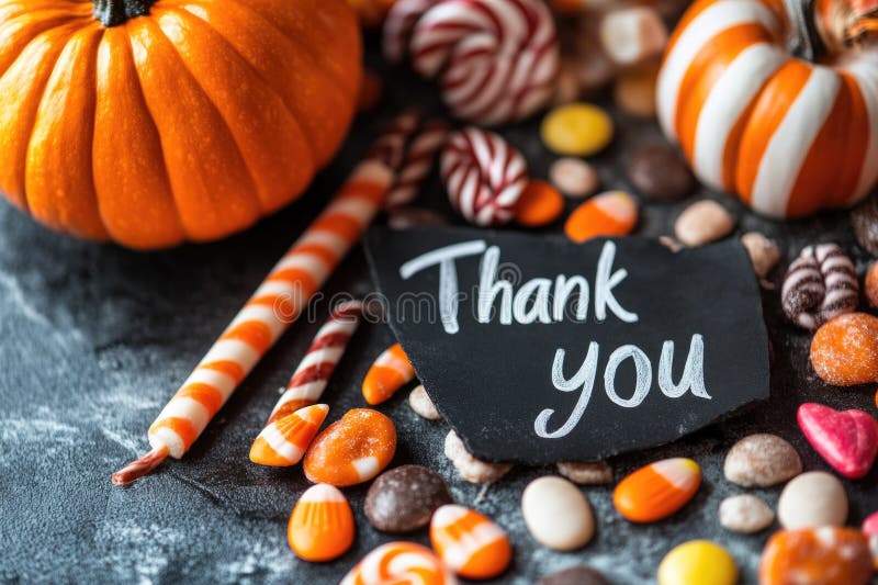 Festive Autumn Celebration with Pumpkins and Colorful Candy Display ...