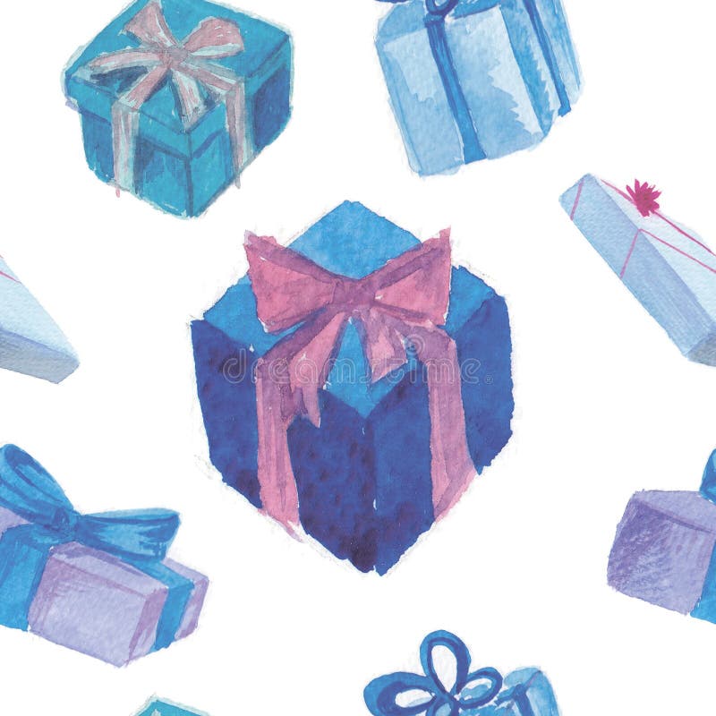Festive Background. Hand Drawn Blue Watercolor Gift Boxes with Ribbon ...