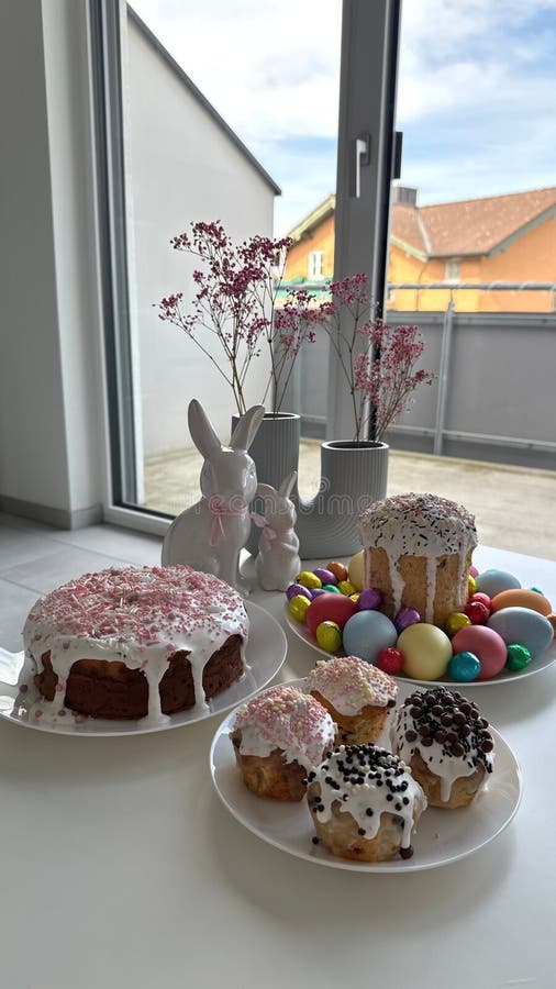 Festive Baked Easter Goods Arranged Table Colorful Decorations Flowers ...