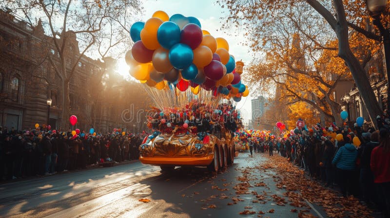 Festive Balloons Float Over a Vibrant Parade Filled with Cheering ...