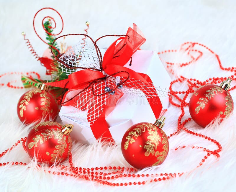 Festive Balls with Gift Box Stock Photo - Image of present, isolated ...