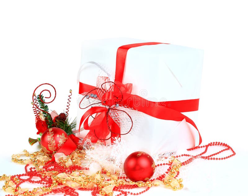 Festive Balls with Gift Box Stock Photo - Image of ornament, bauble ...