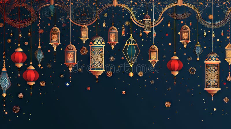 Festive Banner Design with Decorative Lanterns and Islamic Pattern ...