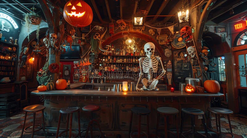 Spooky Halloween Bar Decor Featuring a Skeleton Bartender in Autumn ...