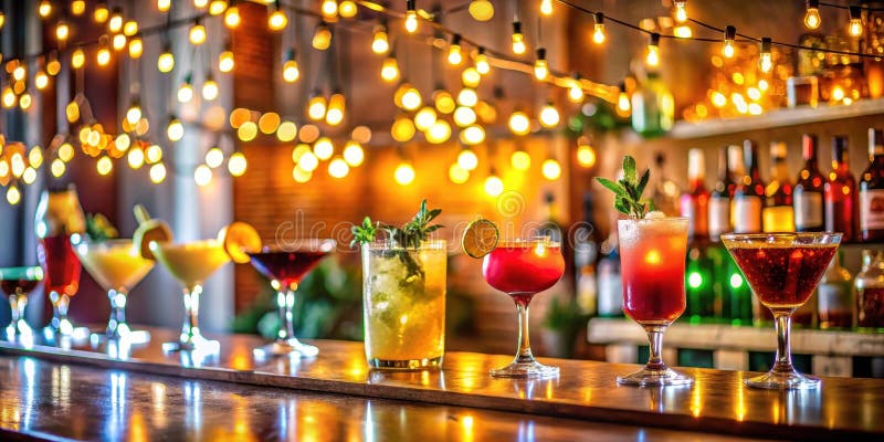 A Festive Bar Scene with an Array of Colorful Cocktails Illuminated by ...