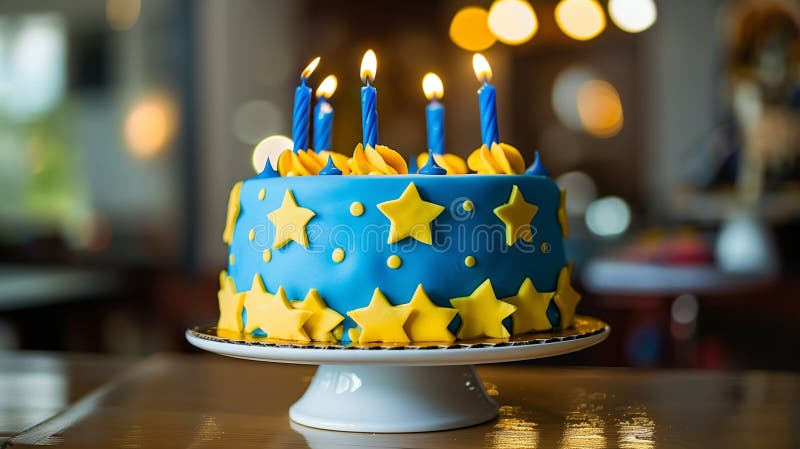 Festive Birthday Cake with Blue and Yellow Theme Stock Photo - Image of ...