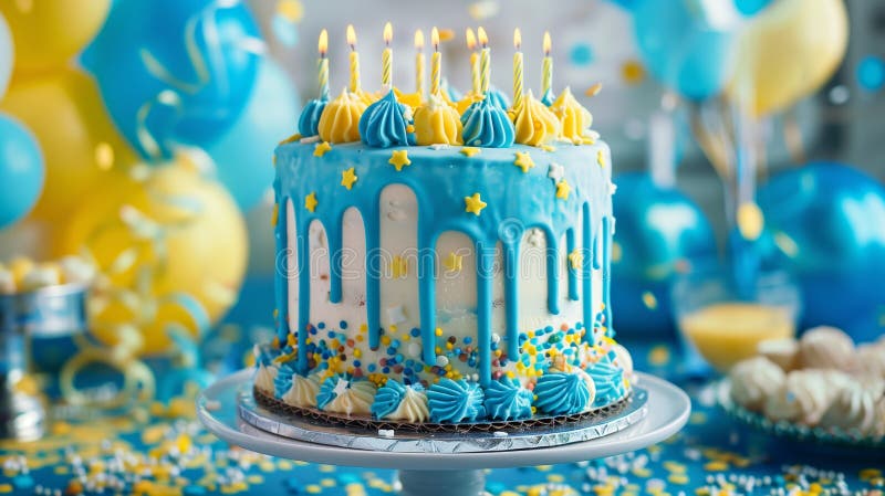 Festive Birthday Cake with Blue and Yellow Theme Stock Image - Image of ...