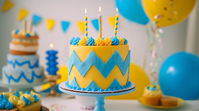 Festive Birthday Cake with Blue and Yellow Theme Stock Photo - Image of ...