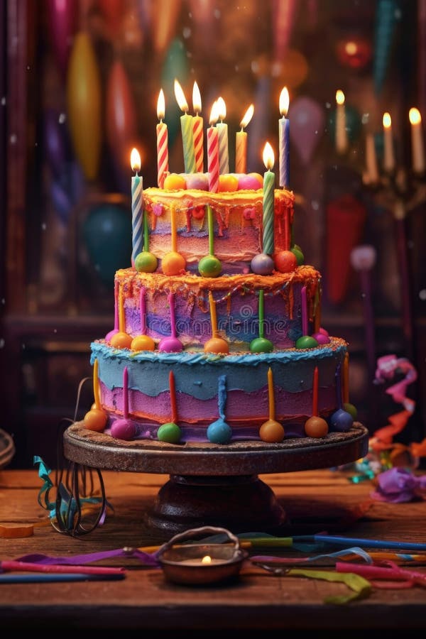 Festive Birthday Cake with Colorful Candles on a Table Stock ...