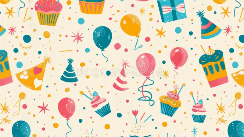 Festive Birthday Party Background with Colorful Balloons and Cupcakes ...