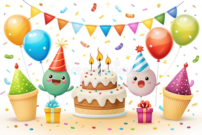 Festive Birthday Scene with Cake, Balloons, and Confetti Stock ...