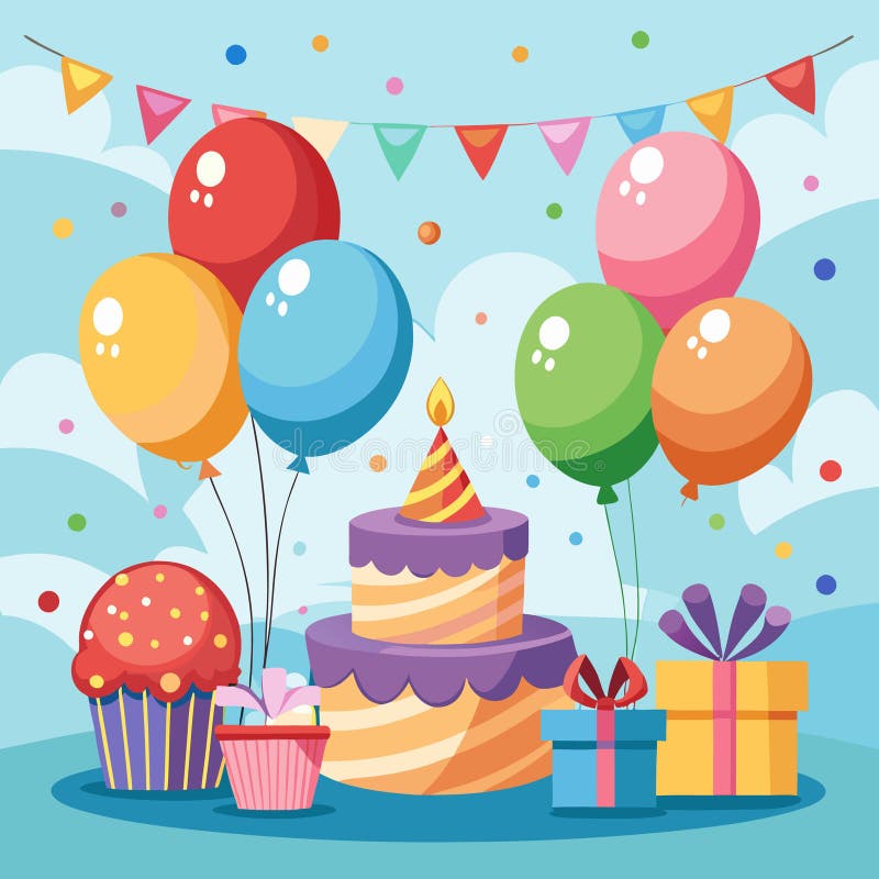 Festive Birthday Scene with Cake, Balloons, Cupcakes, and Present Stock ...