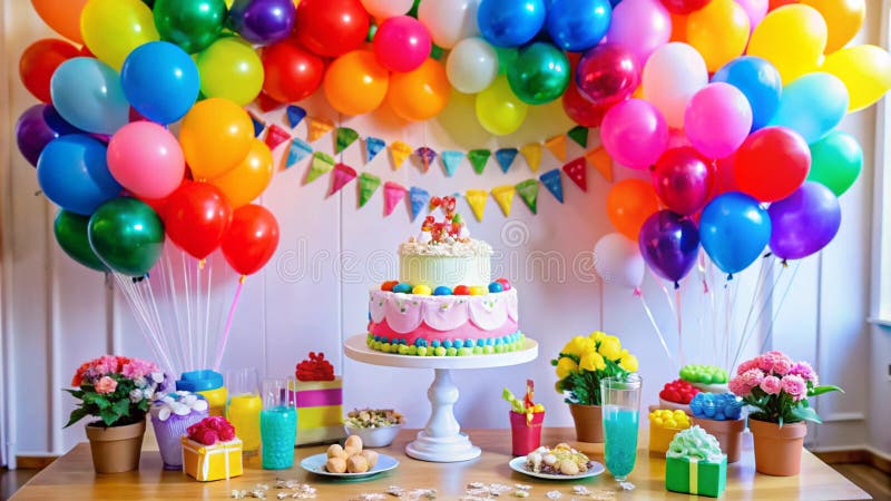Festive Birthday Table with Cake, Balloons, and Gifts Stock ...