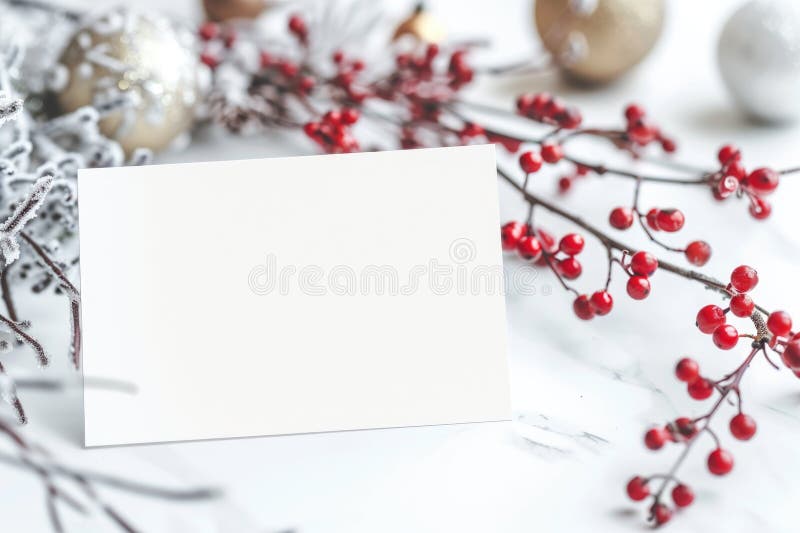 Festive Blank Card with Red Berries and Holiday Decorations Background ...