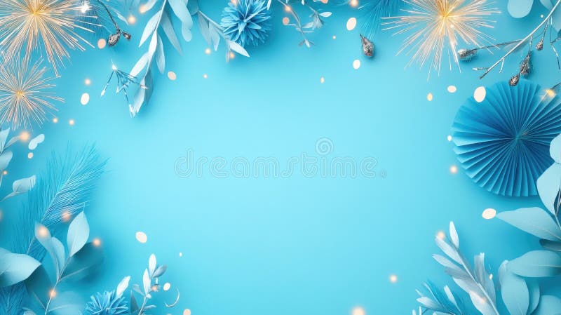 Festive Blue Background with Paper Flowers and Sparkling Decorations ...
