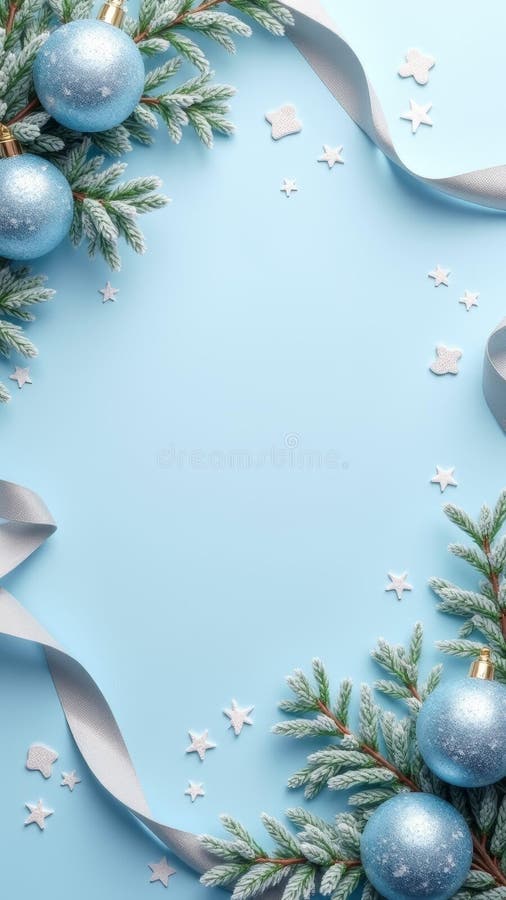 Festive Blue Christmas Frame with Ornaments and Pine Branches Stock ...
