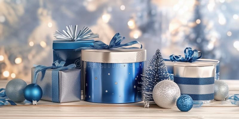 Festive Blue and Silver Gift Boxes with Decorations for Holiday ...