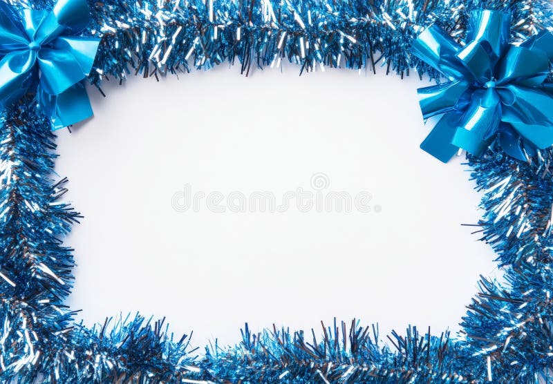 Festive Blue Tinsel Frame with Bows on White Background for Holiday ...