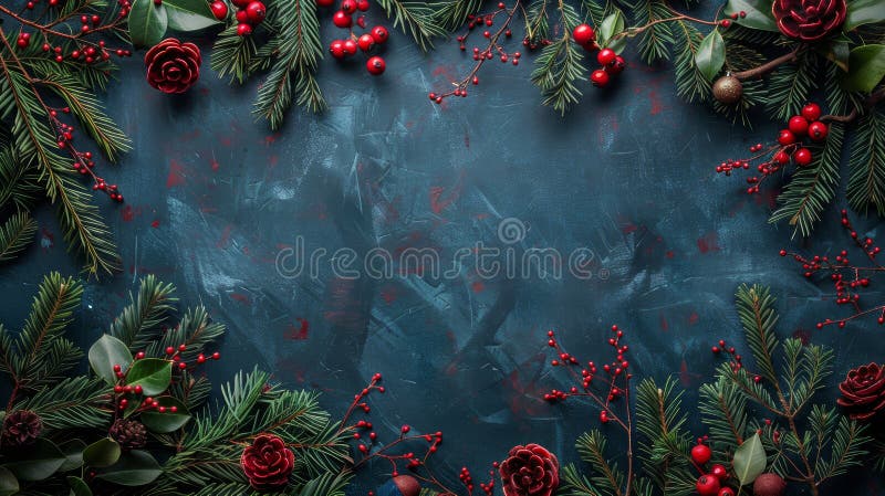 A Festive Border of Evergreen Branches, Red Berries, and Pinecones on a ...