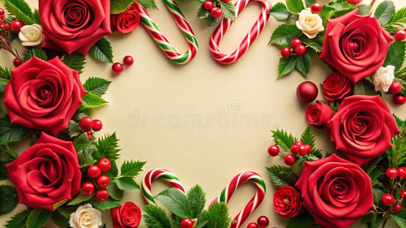 Festive Border of Red Roses, Candy Canes, and Greenery on a Beige ...