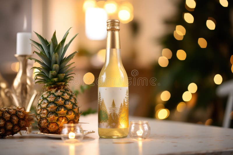 Festive Bottle of Pineapple Wine with Holiday Decor Stock Image - Image ...